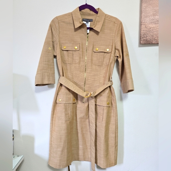 Sharagano | Dresses | Sharagano Tan Belted Shirt Dress With Gold ...